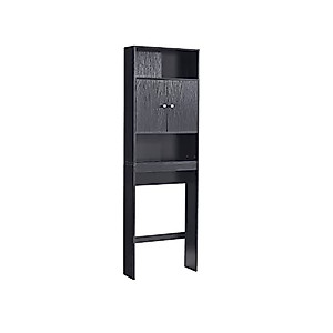 Freestanding Over-the-toilet Storage Cabinet Tall Bathroom Organization w/Open Shelves & 2-Door for WC, Wood Floor Standing Cabinet Narrow Tower Cabinet Organizer w/Round Knobs for Home Office (Black)