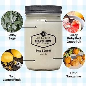 Nika's Home Sage & Citrus Soy Candle 12oz Mason Jar Non-Toxic White Hand Poured Candle- Handmade, Long Clean Burning 50-60 Hours Highly Scented All Natural, Candle Gift Décor
