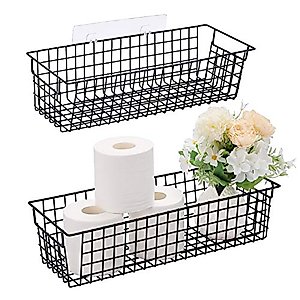 VITVITI Toilet Paper Holder with Handle, Metal Wire Basket Storage Organizer, for Bathroom/Wall Mounted/Toilet Tank, Set of 2, Black