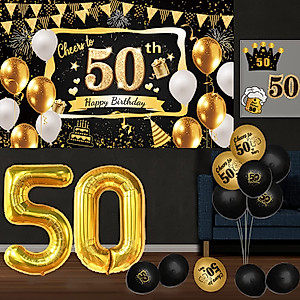 50th Birthday Decorations for Men Women,90 PCS Black Gold 50th and Fabulous Birthday Decorations,Including 50th Birthday Banner Backdrop,Crown,Balloons,Plates, Photo Props, Sash,50th Birthday Gifts