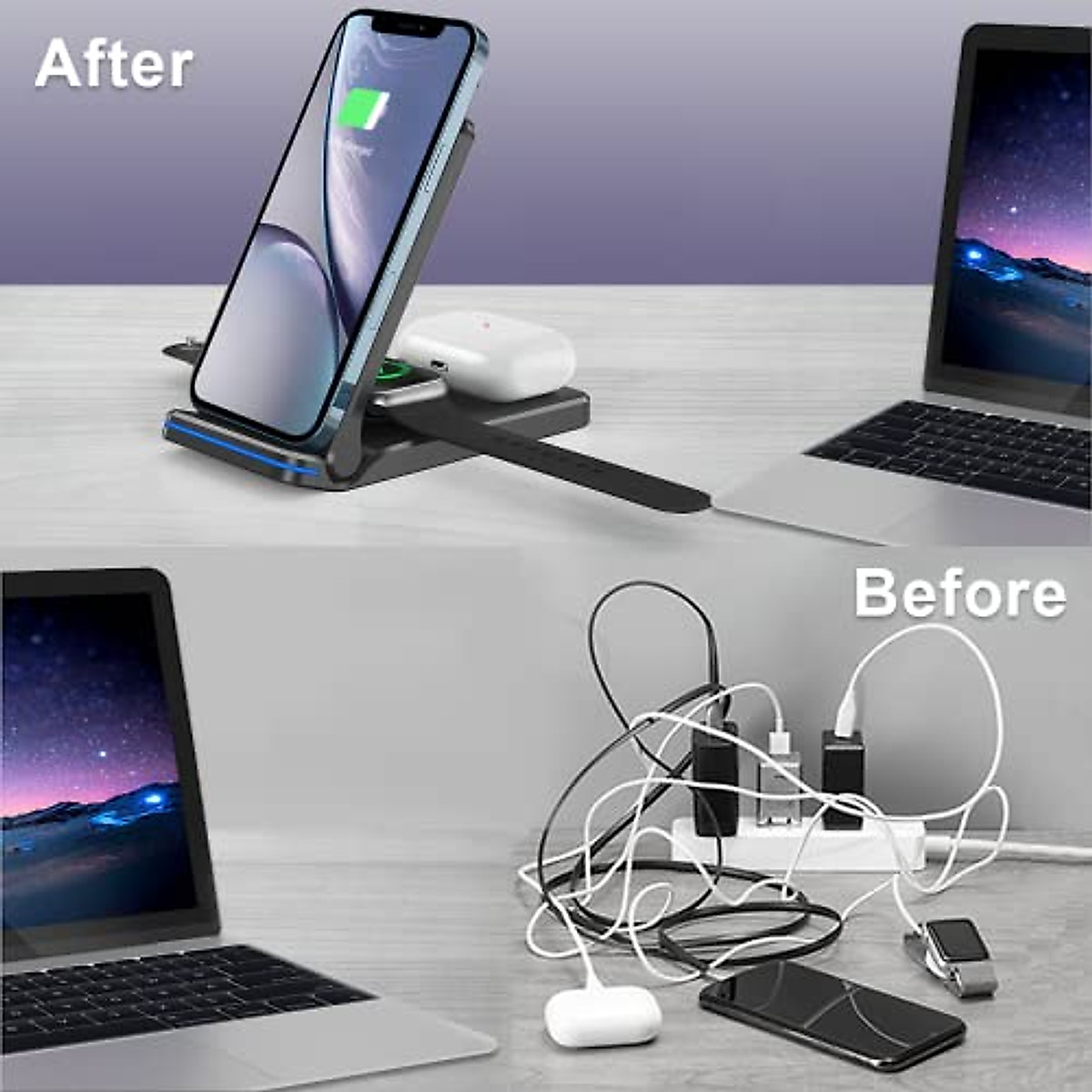 Wireless Charger, 3 in 1 15W Fast Charging Dock Stand for iPhone 14/13/12/11/Pro Max/XS/XR/X/8 Plus/8, Compatible with Apple Watch Series and AirPods 3/2/Pro with 18W Adapter（Black）