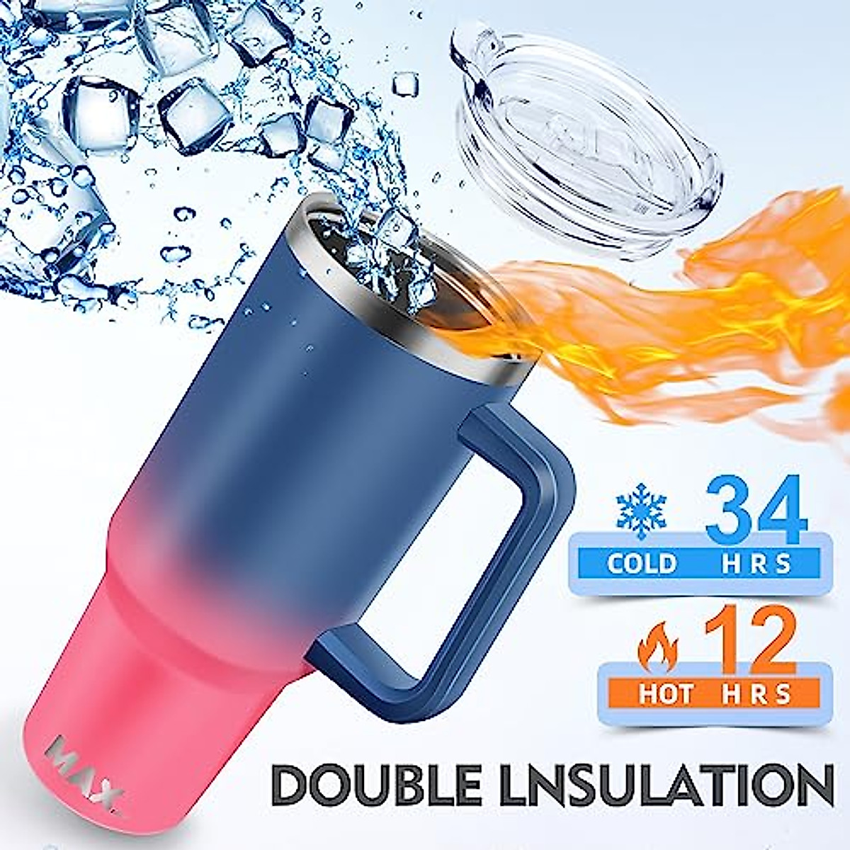 MaxBase 40 Oz Tumbler with Handle and Straw Lid, Insulated Reusable Stainless Steel Travel Mug Keeps Drinks Cold up to 34 Hours, 100% Leakproof Bottle (Sunset)