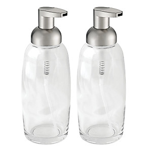 mDesign Modern Glass Refillable Foaming Soap Dispenser Pump Bottle for Bathroom Vanity Countertop, Kitchen Sink - Save on Soap - Vintage-Inspired, Compact Design - 2 Pack - Clear/Brushed
