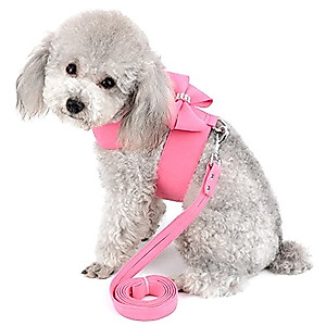 SELMAI Small Pet Dog Cat Bling Rhinestone Harness and Leash Set Bow Girls Soft Ultra Suede Leather, Adjustable/No Pull Pink L