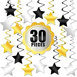 Black Gold and Silver Star Hanging Swirls - Pack of 30, No DIY | Black and Gold Party Decorations for Bosses Day Decorations | Graduation Party Decorations | Oscar, Hollywood Theme Party Decorations