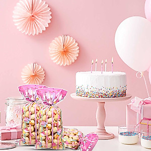 Geyee 100 Pieces Ice Cream Treat Bags, Watercolor Ice Cream Theme Cello Plastic Candy Goodie Bag with 100 Silver Twist Ties for Kid Summer Sweet Baby Shower Birthday Party Favor Bag, Clear