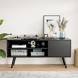 Cozy Castle TV Stand for 48 Inch TV, Mid Century Modern Entertainment Center with Storage Cabinet, TV Media Console for Living Room, Bedroom, Black