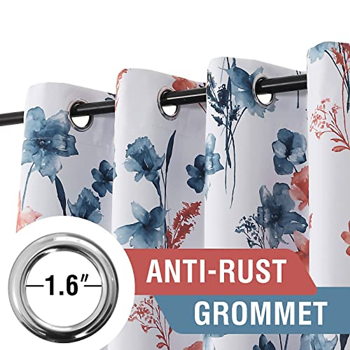 H.VERSAILTEX 100% Blackout Curtains 63 inch Length 2 Panels Set Cattleya Floral Printed Drapes Leah Floral Thermal Curtains for Bedroom with Black Liner Sound Proof Curtains, Stone Blue and Coral