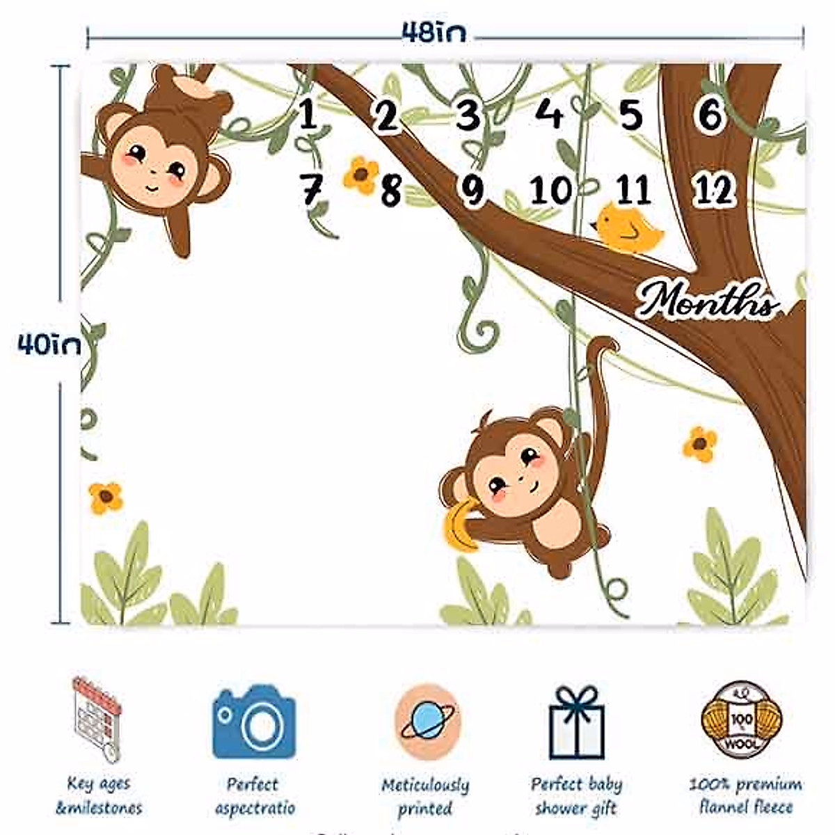 Naughty Little Monkey Baby Monthly Milestone Blanket for Boy Girl, Baby Blanket with Month Marker Frame, 48x40in，1-12 Months Milestones, for Baby Showers and Newborn BTZYFH7