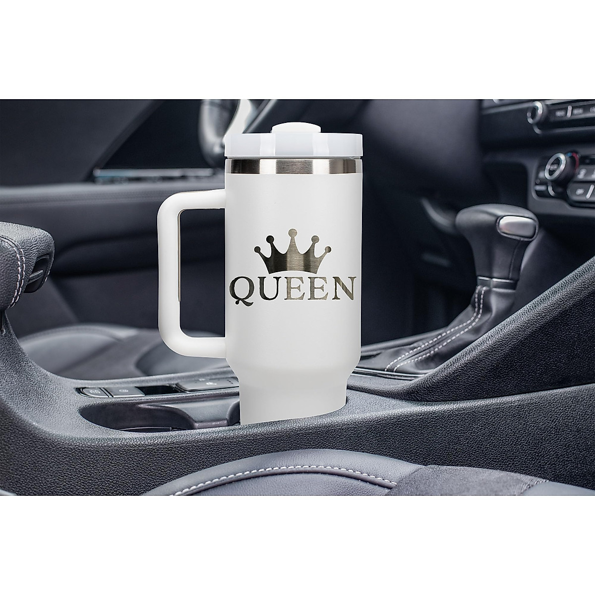 100 North Queen Royal Crown Wrap-Around 40 Oz. Stainless Steel Water Bottle Coffee Mug, Spill & Leak Resistant, Travel Tumbler with Handle, Lid & Straw, White