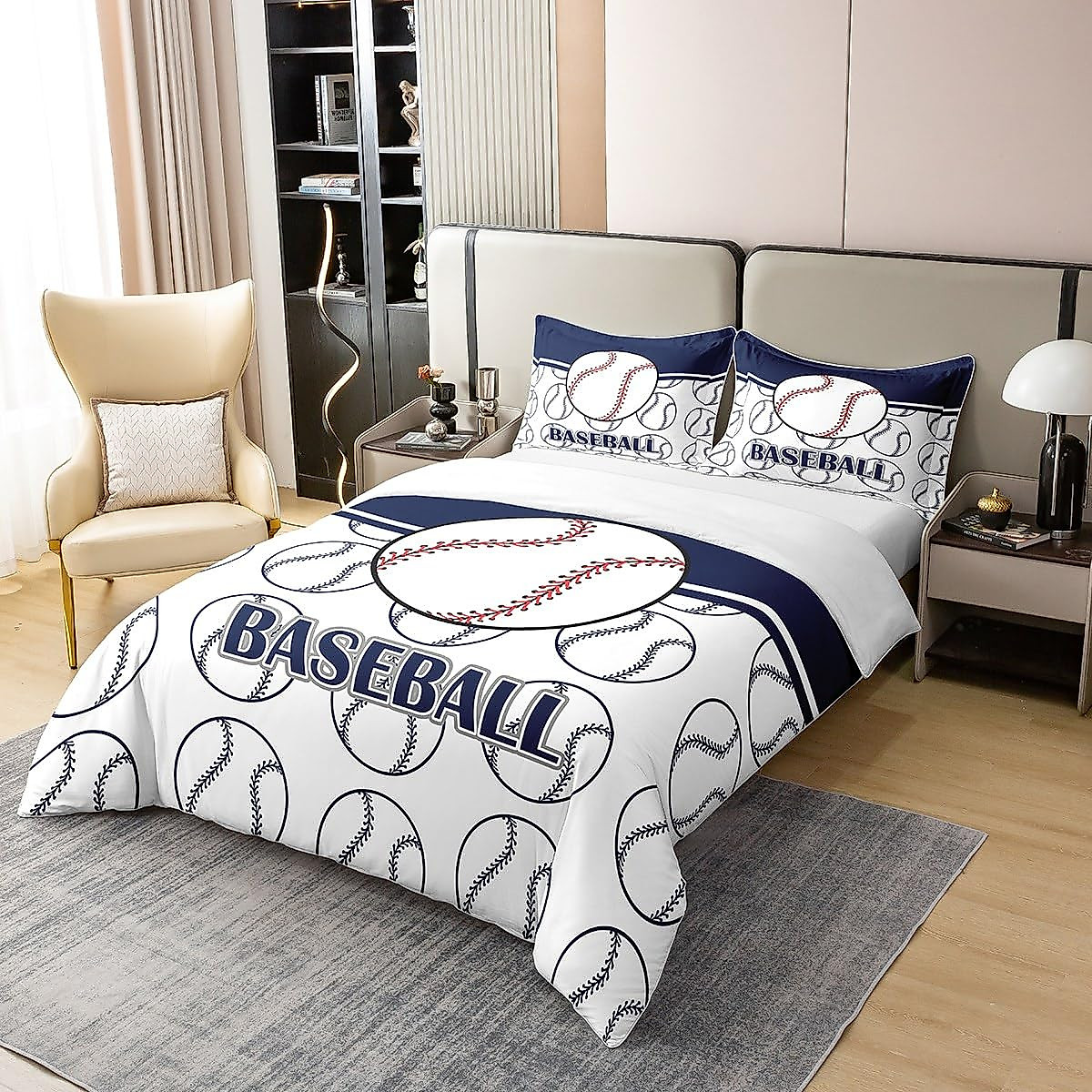 Baseball 100% Nature Cotton Duvet Cover,Hand Drawn Baseball Pattern Print Ball Game Bedding Set for Room Decor,Sport Theme Kids Adults Baseball All Season Bedding with Zipper Closure Full Size