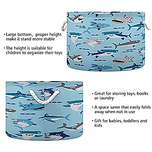 Kigai Cute Sharks Cotton Rope Basket Large Collapsible Baby Laundry Basket Blanket Basket Kid's Toy Storage Basket Organizer for Nursery Bedroom Home Decor