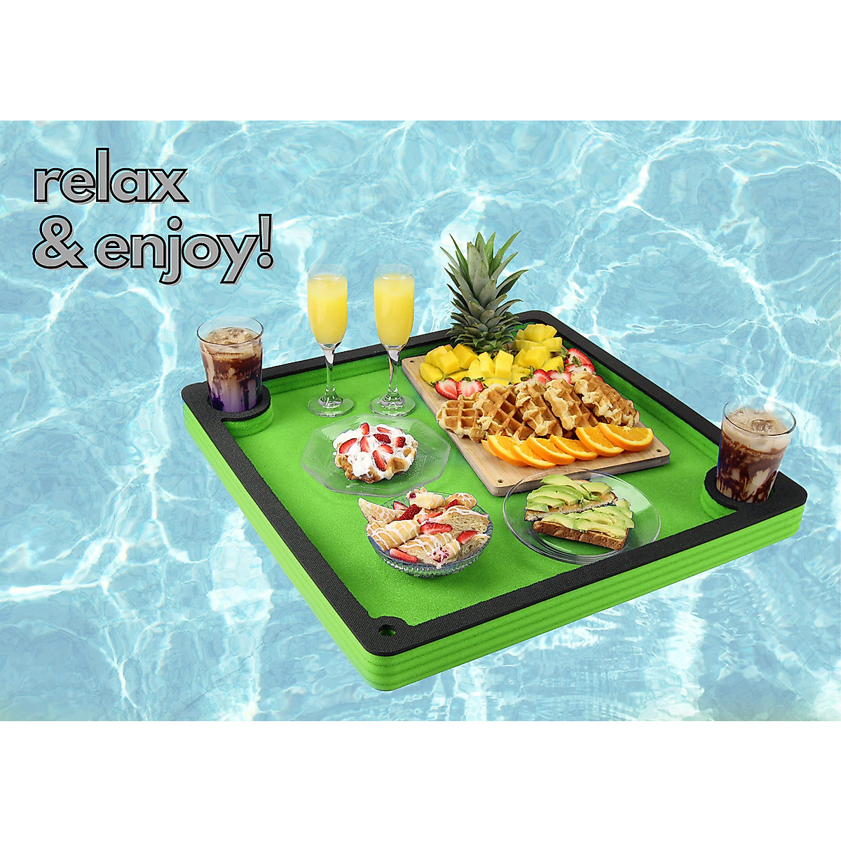 Polar Whale Floating Breakfast Table Serving Buffet Green and Black Tray Drink Holders for Swimming Pool or Beach Party Float Lounge Refreshment Durable Foam UV Resistant with Cup Holders 24 Inches