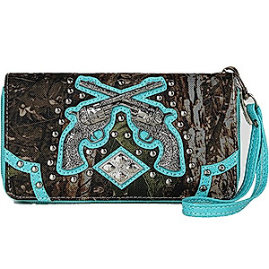 Cowgirl Trendy Camouflage Dual Pistol Western Studs Handbag Concealed Carry Purse Country Women Shoulder Bag Wallet Set (Turquoise Set)