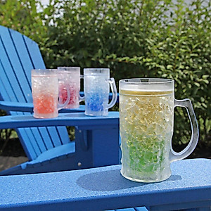 Lily's Home Insulated Double Wall Gel-Filled Acrylic Frosted Freezer Beer Glasses, Great for Enjoying Brews at BBQs and Parties, Clear with Assorted Color Bases (14 oz. Each, Set of 4) - Mug Shape