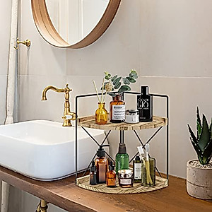Corner Bathroom Organizer Countertop, 2 Tier Bathroom Trays Vanity Organizer for Counter, Rustic Corner Shelf for Home Small Space, Wood Cosmetic Holder Makeup Standing Rack, Kitchen Spice Rack