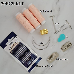 70PCS Kit U-Shape Snap Clips for Hair Extensions 6 Teeth Metal Wig Clips Blonde Hair Weave Thread Needle Kit with Curved Needles T Pins Needle Threader Thimble,Beige