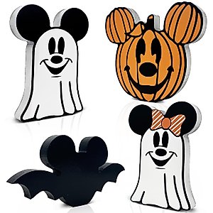 4pcs Ghost Halloween Decorations for Indoors, Cute Mouse Spooky Centerpiece Table Decorations, Wooden Bat Pumpkin Tiered Tray Decor, Wooden Table Decor for Home Halloween Party