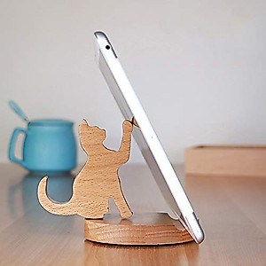 MHKBD Cute Cat Cell Phone Stand, Wooden Phone Stand Cell Phone Holder Desktop Cellphone Stand Universal Desk Stand for All Smart Phone Desk Decoration, Great Gift for Cat Lover Valentines Gift