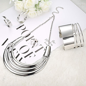JOERICA Bib Choker Necklace Silver Jewelry Set Wide Cuff Bangle Bracelet Open Hoop Earrings Adjustable Ring Chunky Silver Statement Costume Jewelry Set for Women