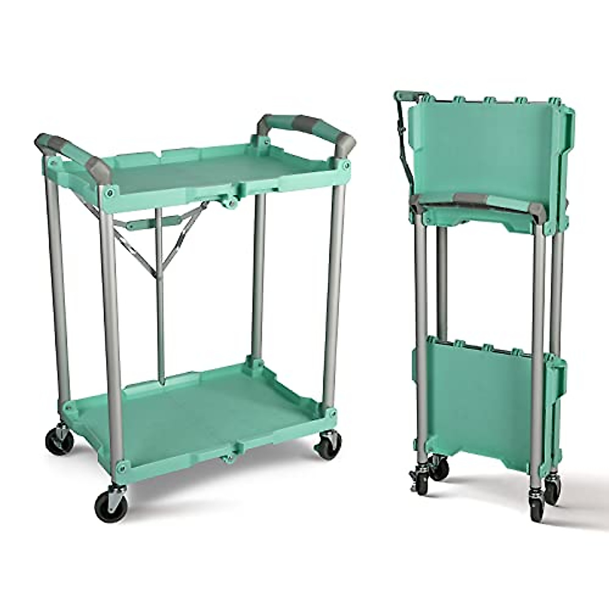 Olympia Tools 89-357 Pack-N-Roll Folding Collapsible Service Cart, Teal, 50 Lb. Load Capacity per Shelf, 2-Layers