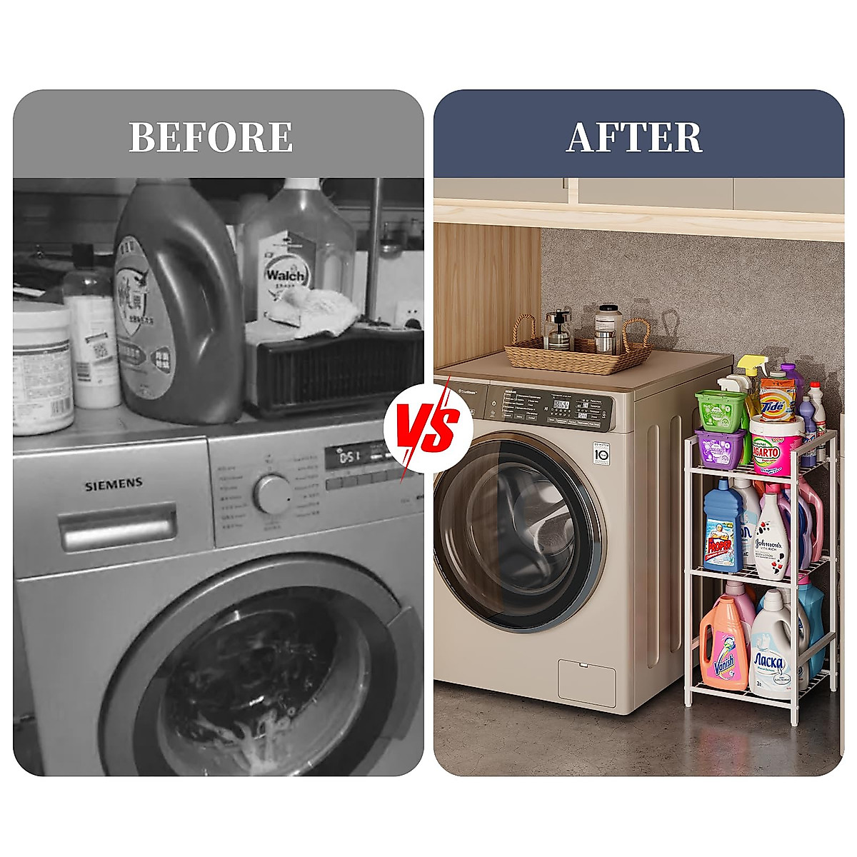 3 Tier Laundry Room Shelves,Multifunctional Shelving Units and Storage with 4 Bottles Storage Hooks and 2 Small Towel Hooks,Bearing Stronger Standing Shelf,White Laundry Room Organization Floor Shelf