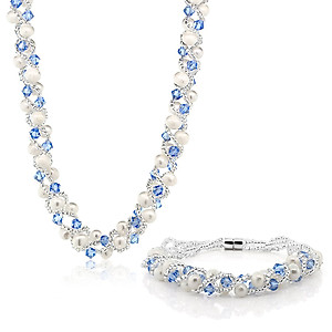 Gem Stone King 17 Inch White Cultured Freshwater Pearl and Blue Crystal Mash Necklace and Bracelet Set For Women (Necklace: 17 Inch, Bracelet: 6.5 Inch)
