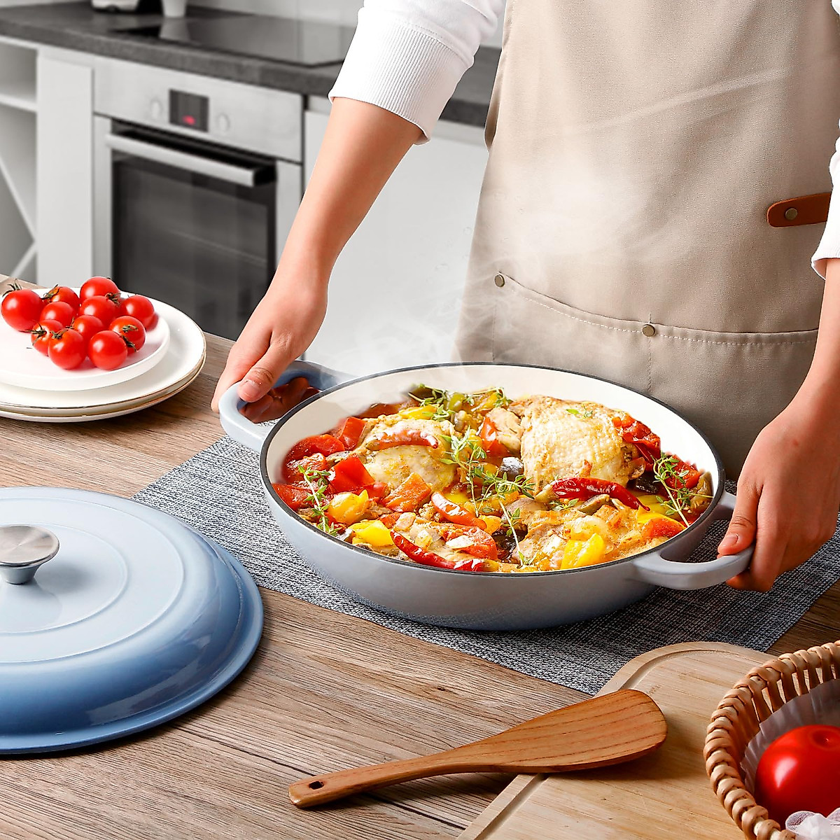 NUTRIUPS 3.6 Quart Braiser Enameled Cast Iron Dutch Oven Pot with Lid, Dutch Oven Cast Iron Non Stick Larger Handle, Cast Iron Braiser Pan with Lid Enameled Dutch Oven (Gradient Blue)