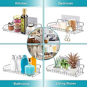 GEMITTO Shower Caddy, SUS304 Stainless Steel Self-Adhesive Bathroom Organizer Rack with 2 Stickers+2 Hooks, No Drilling for Shampoo Conditioner Kitchen Spice Storage Silver