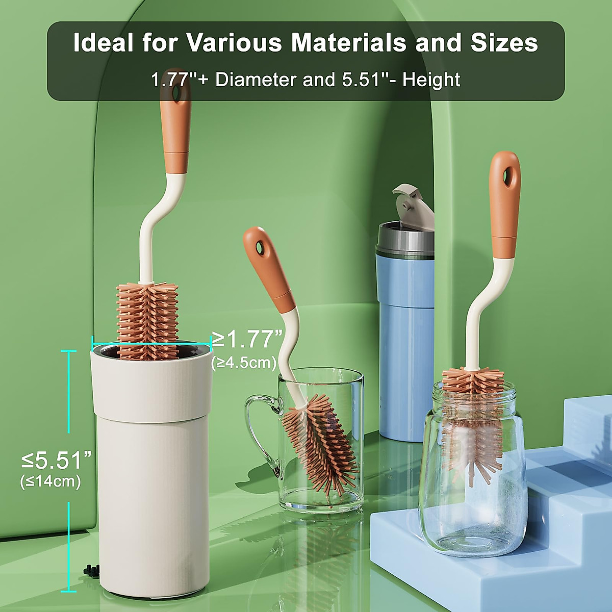 eBanGo Silicone Bottle Brush Set with Stand, 360° Rotating Silicone Bottle Cleaning Brush Cleaner Set, Long Handle 3 in 1 Multipurpose Silicone Baby Bottle Gap Cap Cleaner Brush (Orange)