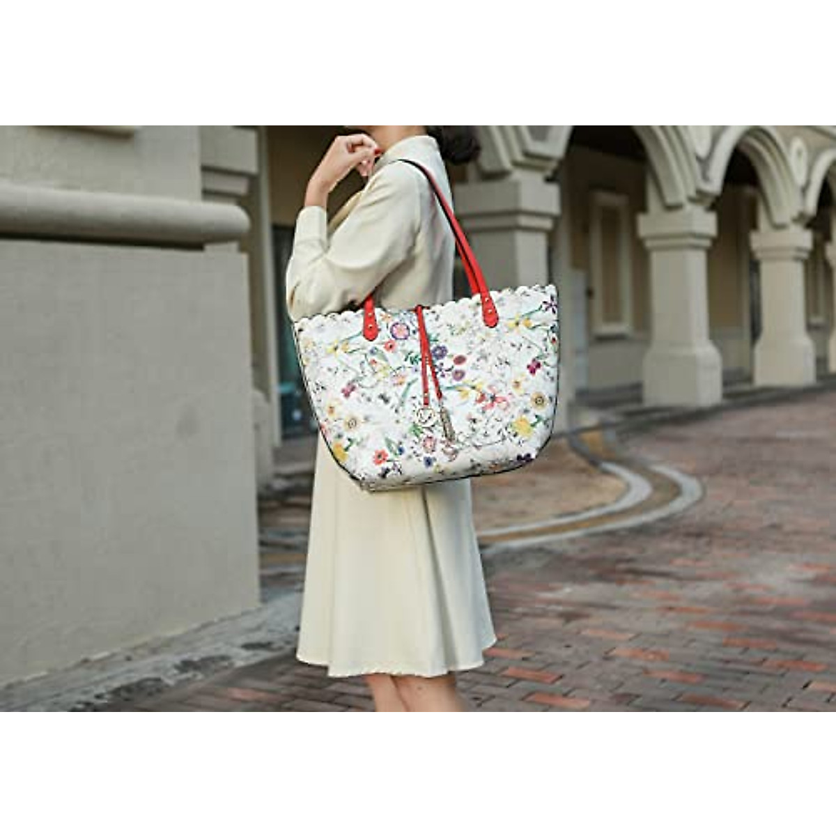 MKF Collection Tote & Pouch Bag for Women-Vegan Leather Designer Handbag -Shoulder Strap Messenger Purse 2Pcs set White Purple