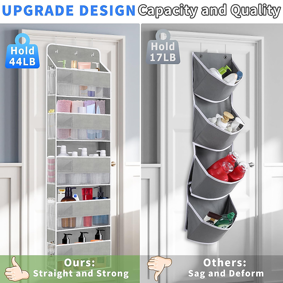 Over The Door Organizer Storage, 44lbs Weight Capacity Hanging Door Organizer, Behind Door Organizer with 5 Large Pockets 10 Mesh Side Pockets 5 PVC Pouches for Nursery Bathroom Bedroom Pantry