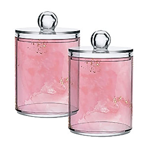 ALAZA 2 Pack Qtip Holder Dispenser Cute Pink Marble Bathroom Organizer Canisters for Cotton Balls/Swabs/Pads/Floss,Plastic Apothecary Jars for Vanity