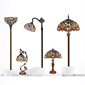 WERFACTORY Tiffany Floor Lamp Sea Blue Yellow Stained Glass Dragonfly Light 12X12X66 Inches Pole Torchiere Standing Corner Torch Uplight Decor Bedroom Living Room Home S128 Series