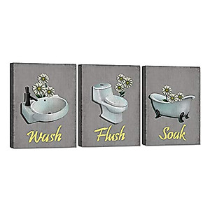 Zlove 3 Pieces Bathroom Canvas Wall Art Wash Flush Soak Bath Tub Toilet Sink with Daisy Flower Picture Print Decoration Stretched and Framed Ready To Hang 12x16inchx3pcs