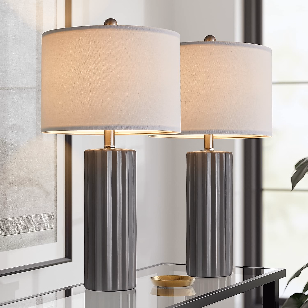 Oneach 25'' Farmhouse Ceramic Table Lamp Set of 2 for Bedroom Living Room House Decor Deep Charcoal Grey Desk Lamps Home Office Dorm Rustic Modern Style Lamp