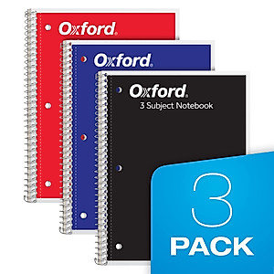 Oxford Spiral Notebook 3 Pack, 3 Subject Journal, 3-Hole Punch, College Ruled Paper, 2 Dividers, 8 x 10-1/2 Inches, Black, Red, Blue, 120 Sheets (65202)