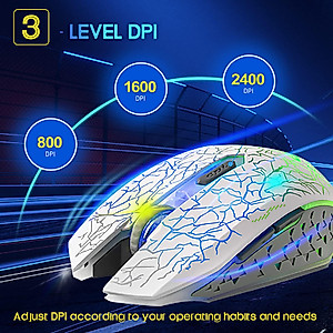 VEGCOO C10 Wireless Gaming Mouse, Rechargeable Gaming Mouse, Silent Optical Mice with 2.4G USB Receiver, 3 Ajustable DPI, 7 Colorful LED Lights for Gamer (White)