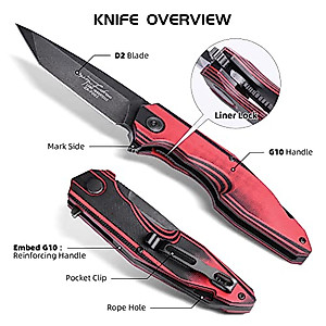 GRAMFIRE Pocket Knife 8.4'' Tactical Assisted Folding Knife, with 4'' D2 Stainless Steel Blade G10 High Hardness Handle, Outdoor Camping Hiking EDC Knives, ZA-F002 Red
