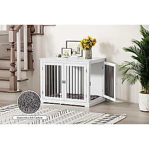 PUPETPO Dog Crate Furniture with Cushion, Dog Crate End Table Large, Indoor Dog Kennel, Dog House, Dog Cages for Large Dogs, Furniture Style Dog Crate with Flip-top, Chew-Proof Metal Bars, White