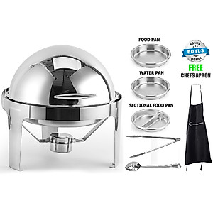 [6 Quart Chafer] Chafing Dish Round Roll Top Bundle Stainless Steel with Apron Buffet Warmer for All Events