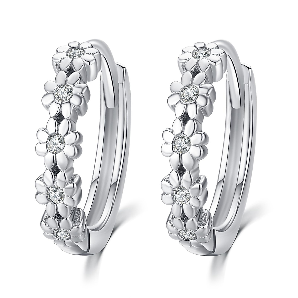 KINGWHYTE Daisy Hoop Earrings 925 Sterling Silver Lucky Flower Earrings Small Daisy Flower Huggie Earrings Jewelry Christmas Birthday Gifts for Women 15mm