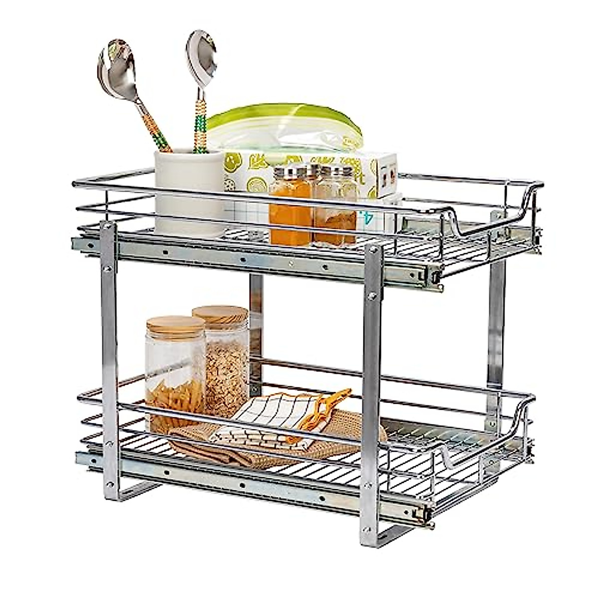 Household Essentials Glidez Slide Out Cabinet Organizer, 14.5” Wide, Durable Chrome-Plated Steel Frame, Dual Baskets and Smooth Glides, Heavy-Duty and Space-Optimizing, Simple Assembly and Installation, Chrome