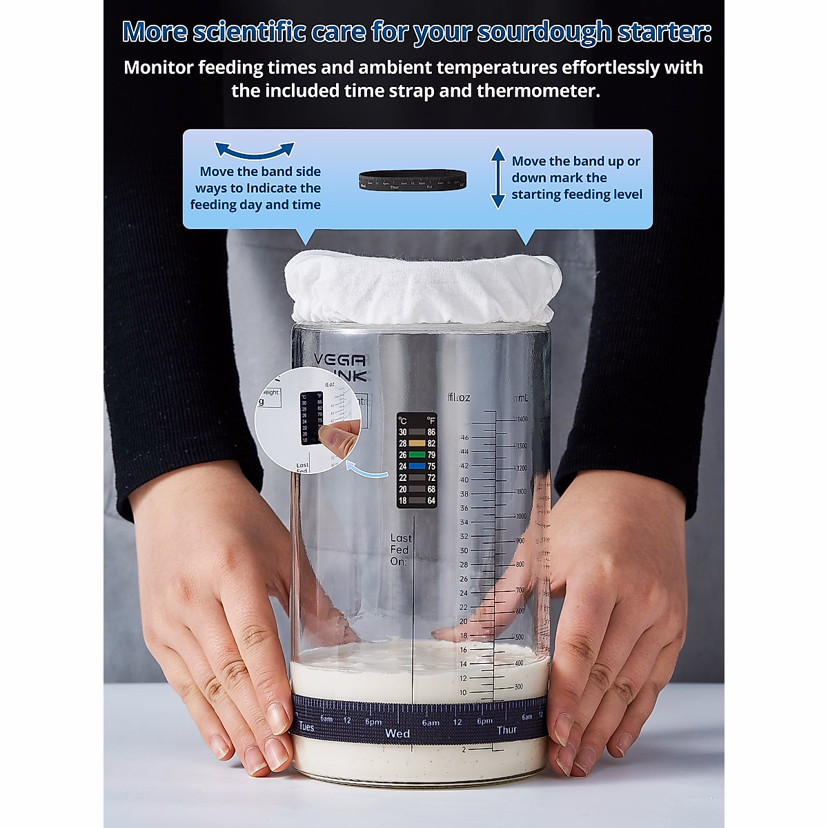 Vegapunk 58oz Sourdough Starter Jar Glass Kit - Wide Mouth Container/Crock with Lid for Bread Starter - Large Mason Jar with Date marked Feeding Band for Sourdough Starter