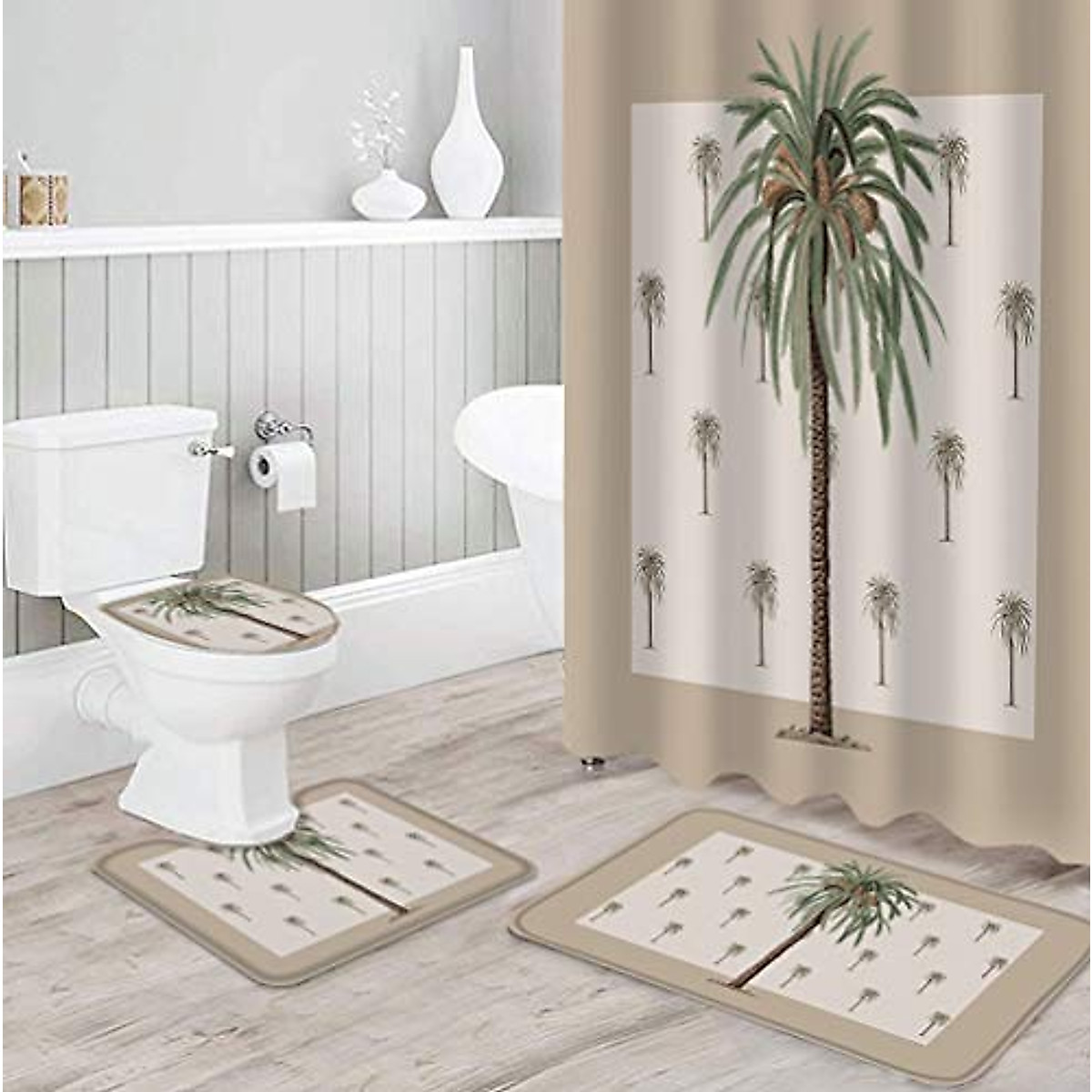 Singingin Shower Curtain Set with Bathroom Rugs and Mats Tropical Palm Tree Bathroom Rugs Set 4 Piece,Non-Slip Rugs,Toilet Lid Cover and Bath Mat,Waterproof Shower Curtain for Tub