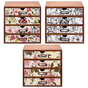 Floral Set Organizer Set Of 3 - Arts and Craft Ephemera Desk Storage - 4-Level Vintage Wood Shelf Drawers, No Assembly Required