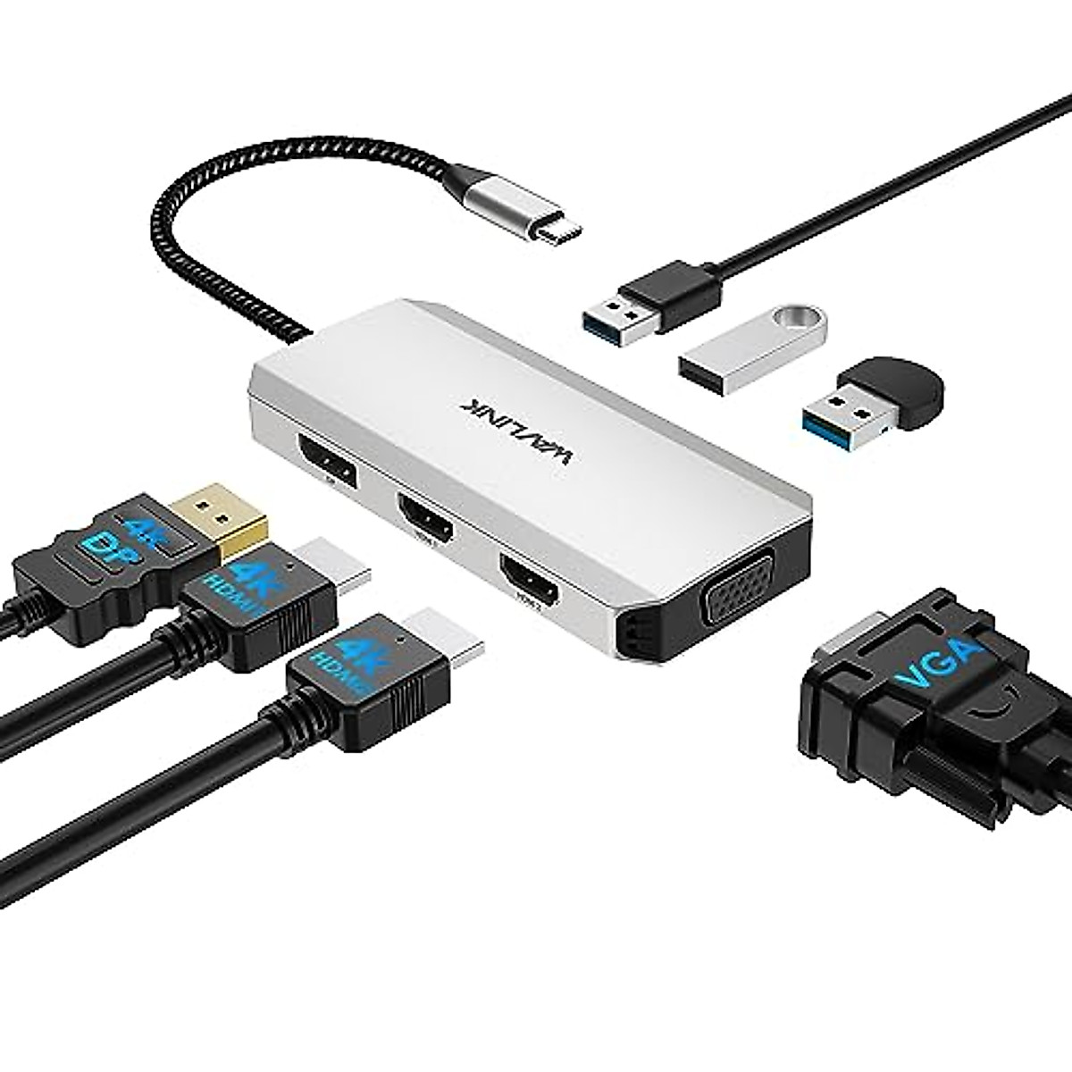 USB C to Dual HDMI Adapter 4K 60hz, 7 in 1 USB C Docking Station with 2 HDMI Displayport VGA Hub, USB C Splitter 4 Monitors Extended Display, USB C Adapter Multiport Dongle for MacBook/Dell/HP/Lenovo
