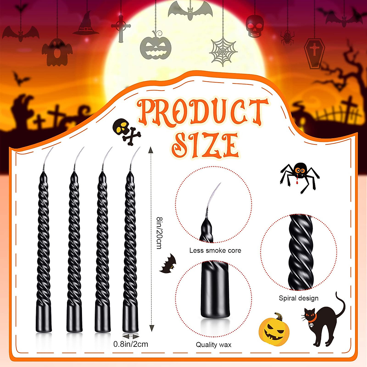 BBTO 12 Pcs Christmas Advent Spiral Candle Unscented Metallic Taper Candles Dripless Twist Candles Metallic Dinner Birthday Candle for Home Birthday Wedding Party Holiday Decor(8 Inch,Black)