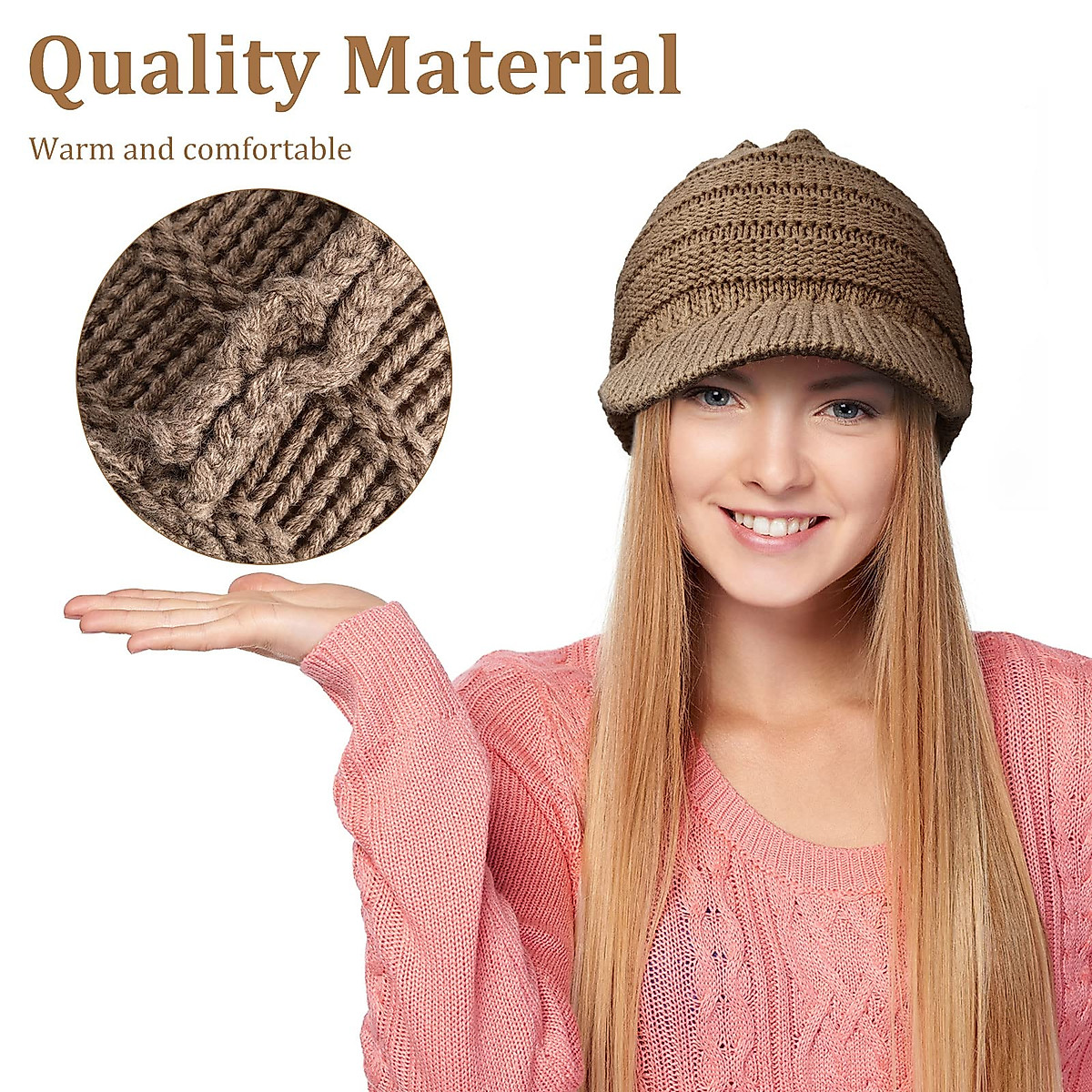 SATINIOR Women Knit Winter Brim Hats for Women Slouchy Beanie with Visor Warm Newsboy Skull Cap (Black, Dark Gray, Khaki, Army Green, 4), One Size