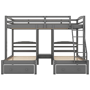 Harper & Bright Designs Triple Bunk Beds with Drawers and Guardrails,Full Over Twin & Twin Bunk Bed with Storage, Wooden Triple Bunk for Kids, Teens,Girls Boys (Gray with Drawers)